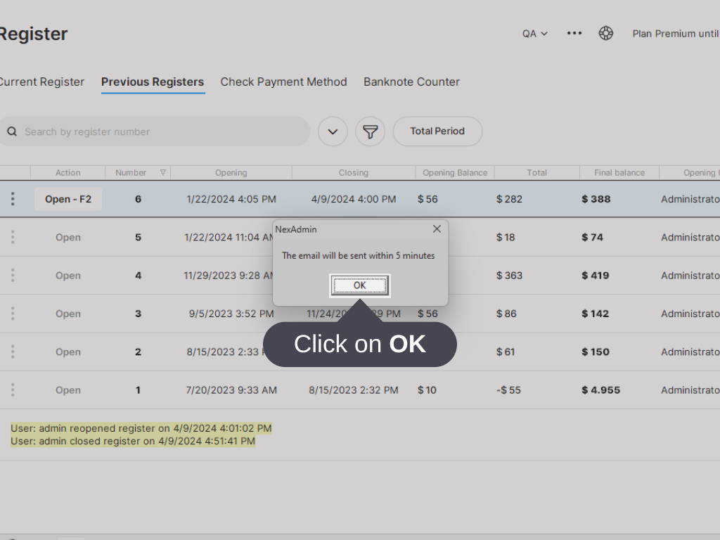 How to resend closing register report
